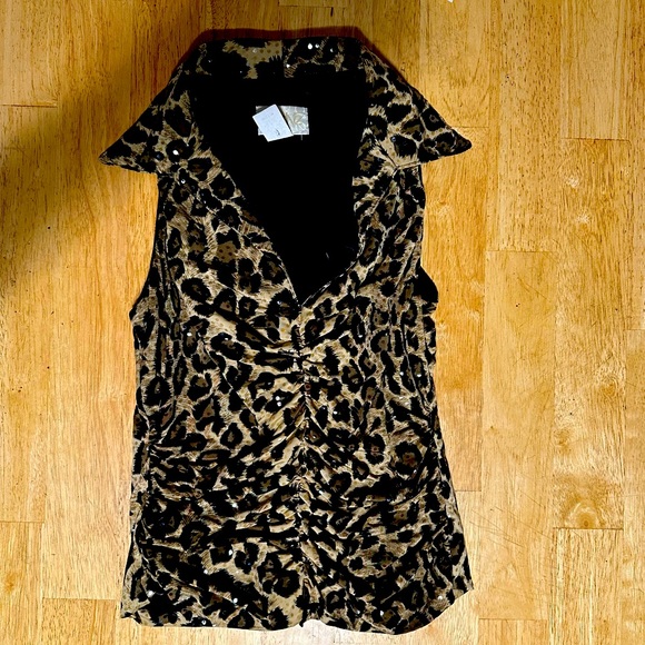 Cache | Tops | Vintage Cache Leopard Print Ruched Collared Sleeveless ...